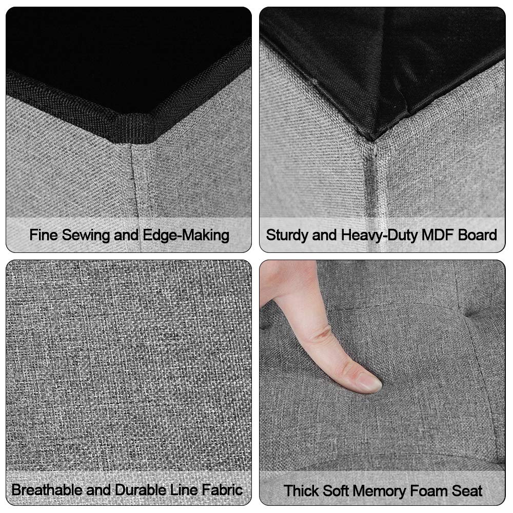 TOUCH-RICH Folding Cube Storage Ottoman with Padded Seat Linen Fabric Footrest Memory Foam 15” x 15” x 15”-2 Packs(Light Grey)