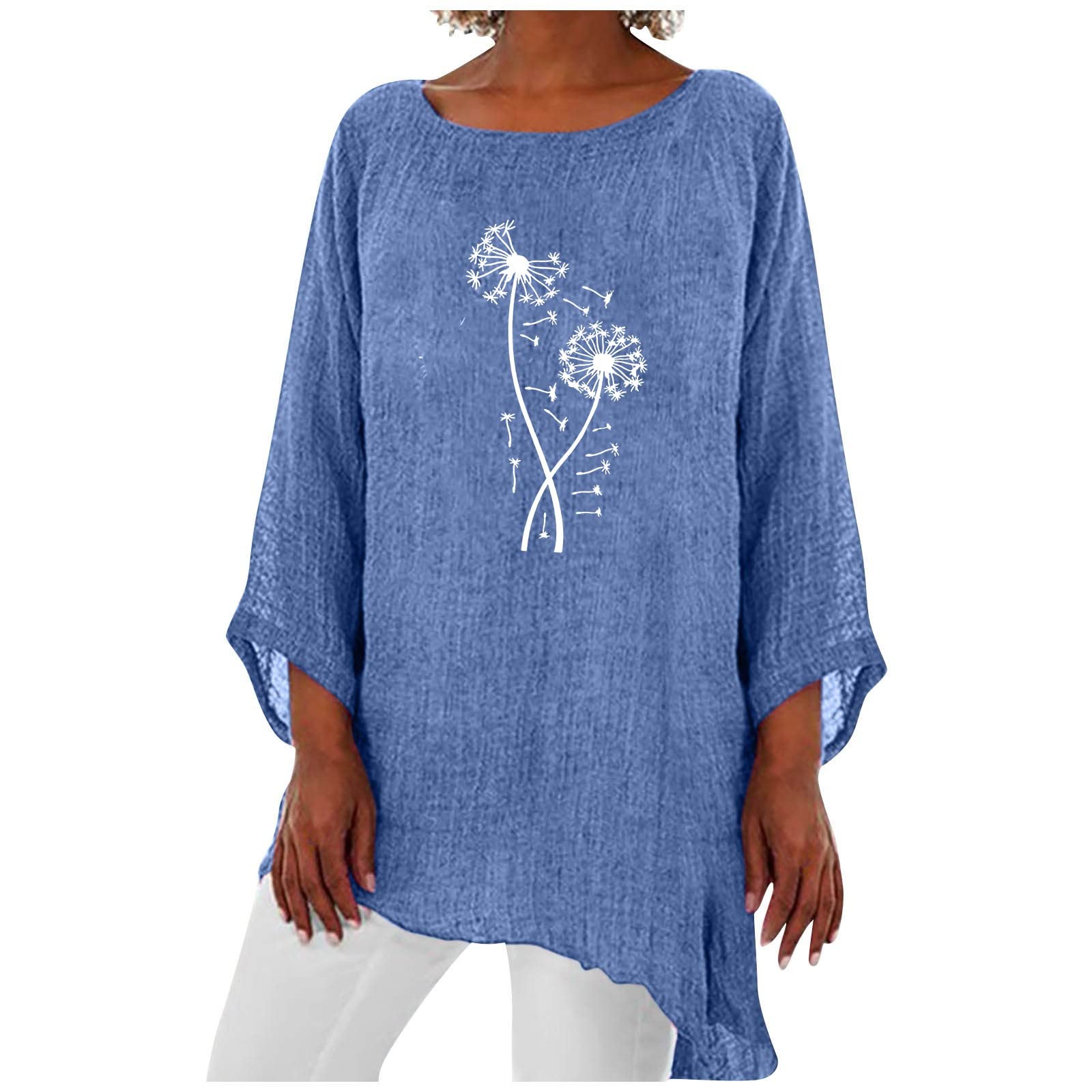 Women‘s Irregular Cotton Linen Tops Loose Printed Pullover Round Neck Shirts Fashion Thin Comfy Long Sleeve T Shirts