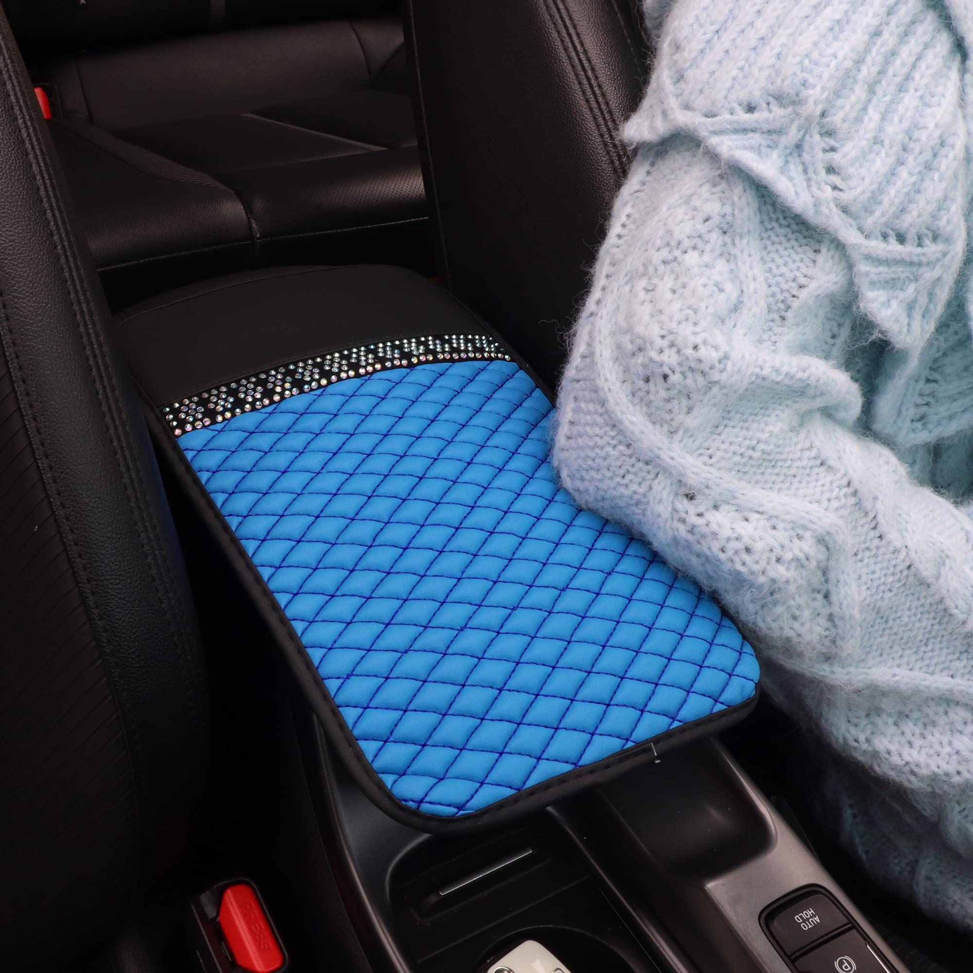 NHHC Bling Leather Car Armrest Box Cover,Car Center Console Protector with Colorful Crystal Rhinestones,Anti-Scratch Waterproof Car Armrest Seat Pad for Most Car,SUVs,Trucks (Blue)