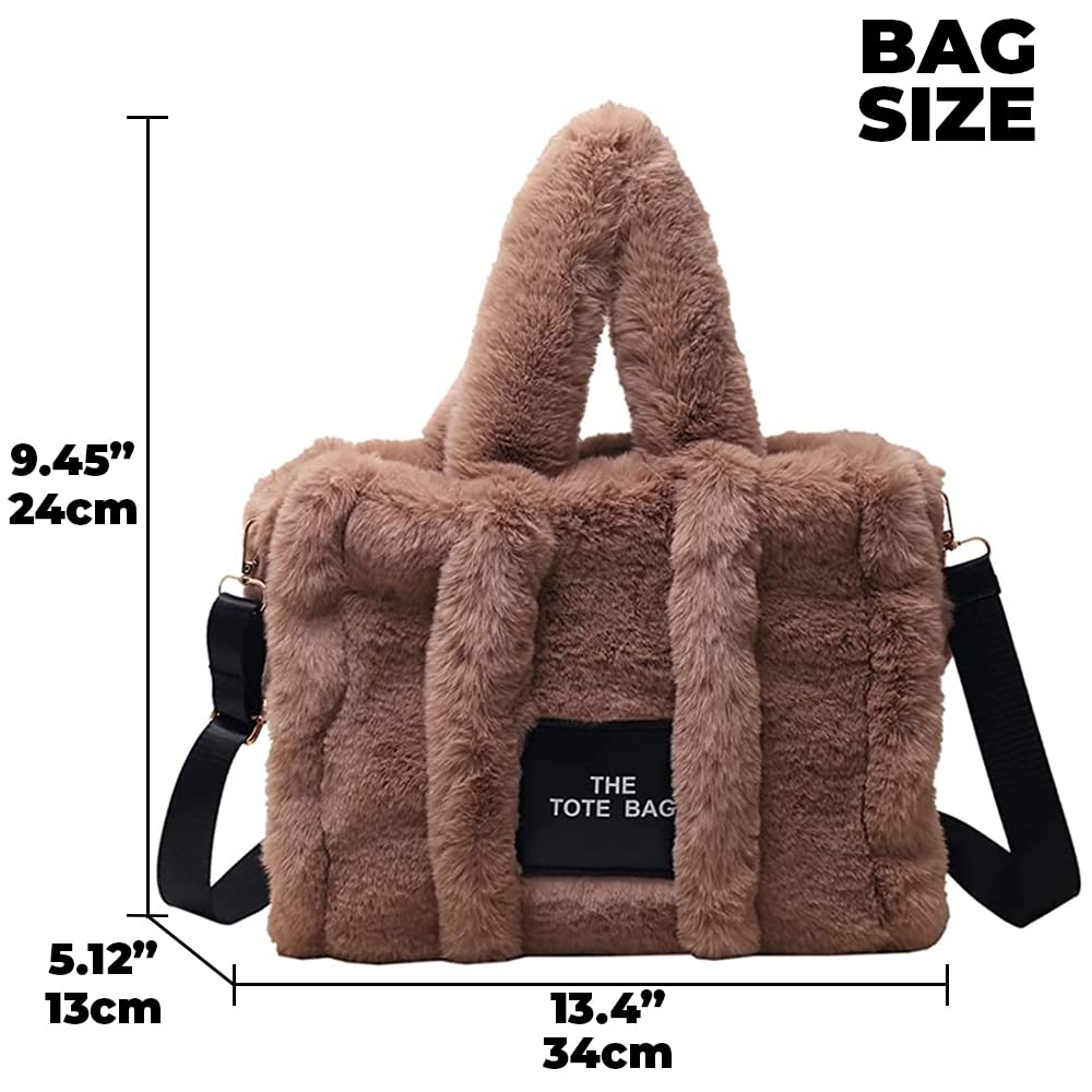 Women’s - The Tote Bag - Fluffy Shoulder Bag, Soft Faux Fur Crossbody Handbag, Trendy Plush Design, Medium Size (KHAKI)