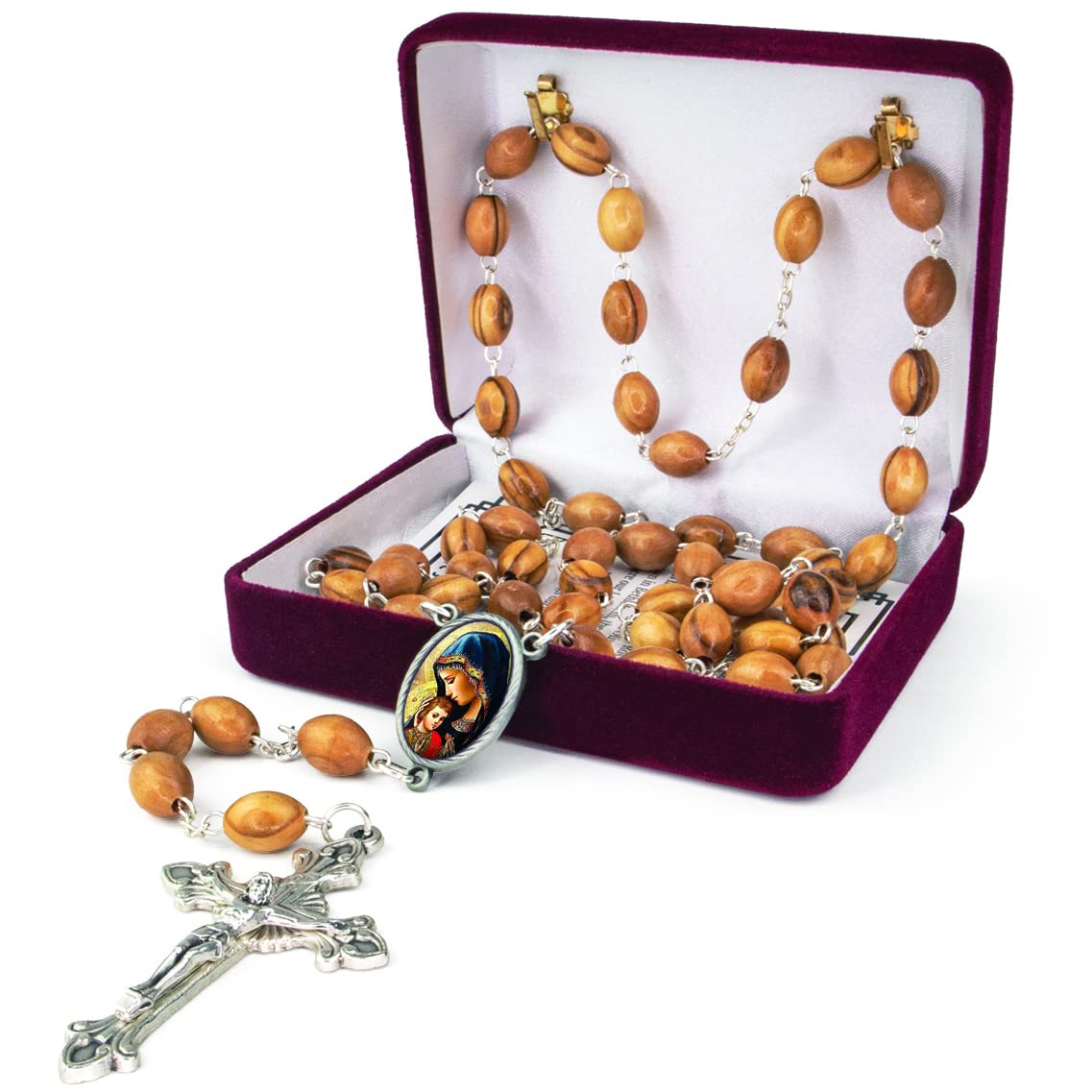 Our Lady of Perpetual Help, Wooden Catholic Rosary Necklace from Israel, Olive Wood Rosary Beads with Icon Portrait & Crucifix Cross Pendant, Confirmation & Communion Rosaries for Men & Women