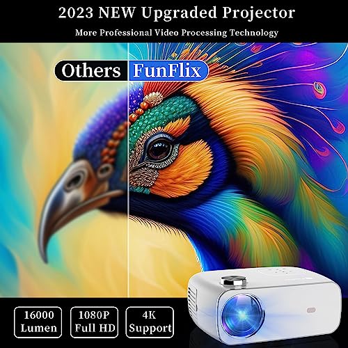 Projector with 5G WiFi and Bluetooth, FunFlix Portable Projector 18000 lumens Native 1080P Full HD, Mini Movie Projector Compatible with Smartphone, HDMI, USB, AV for Home Theater Projector, White