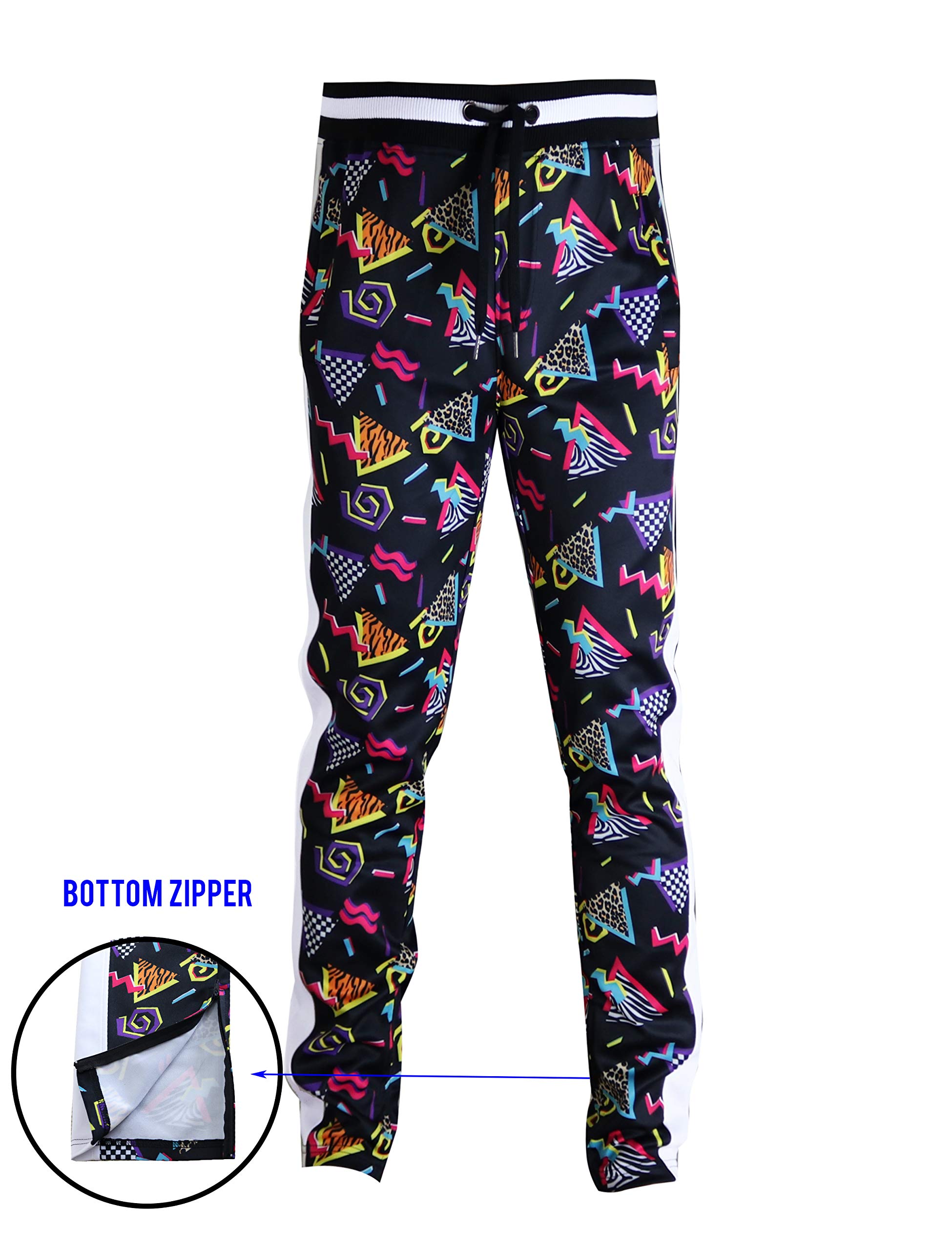 SCREENSHOT-P11904 Mens Hip Hop Premium Slim Fit Track Pants - Athletic Jogger 80's Retro Pattern Print Streetwear Bottoms-Black/Pop-Large