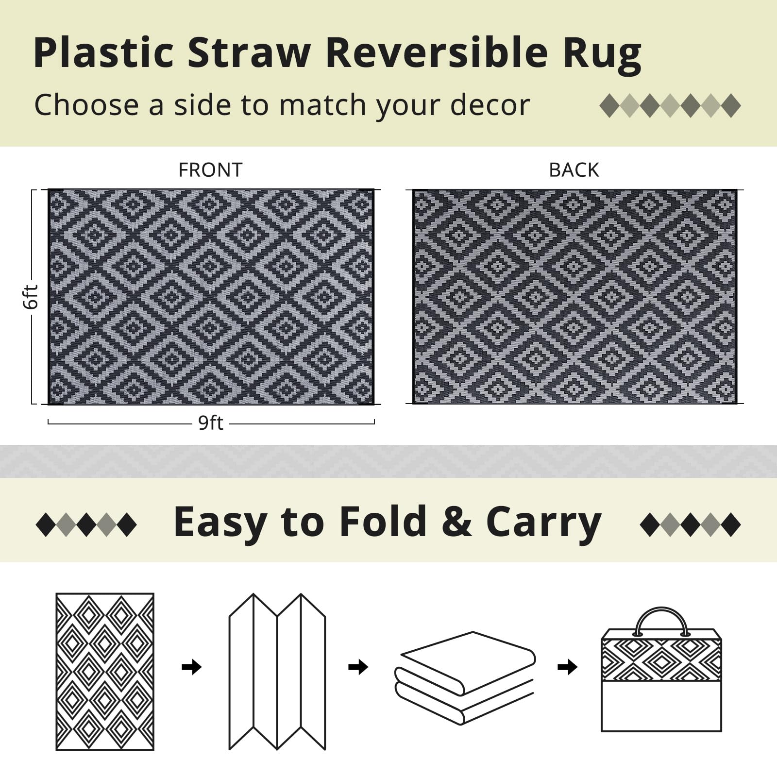 Outdoor Camping Rug Waterproof 6x9FT, Large Reversible Stain&UV Resistant Plastic Straw RV Rug for Outside Patio Pool Deck Beach Indoor, Area Carpet Mat with Portable Bag&4 Stakes-Black Grey Rhombus