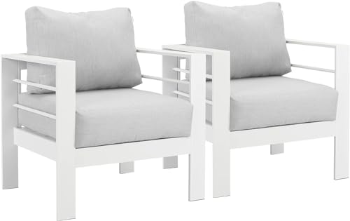 Wisteria Lane 2 Pieces Patio Furniture Aluminum Armchair, All-Weather Outdoor Single Sofa, White Metal Chair with Light Grey Cushions