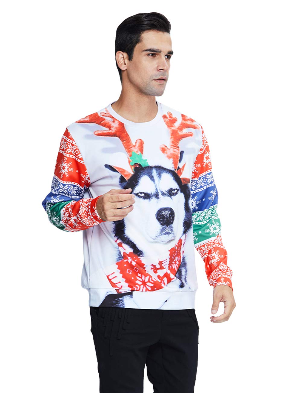 RAISEVERN Ugly Christmas Sweater for Men Women Funny Xmas Dog Husky Scarf Sweatshirt Holiday Festive Long Sleeve Winter Reindeer Pullover Top