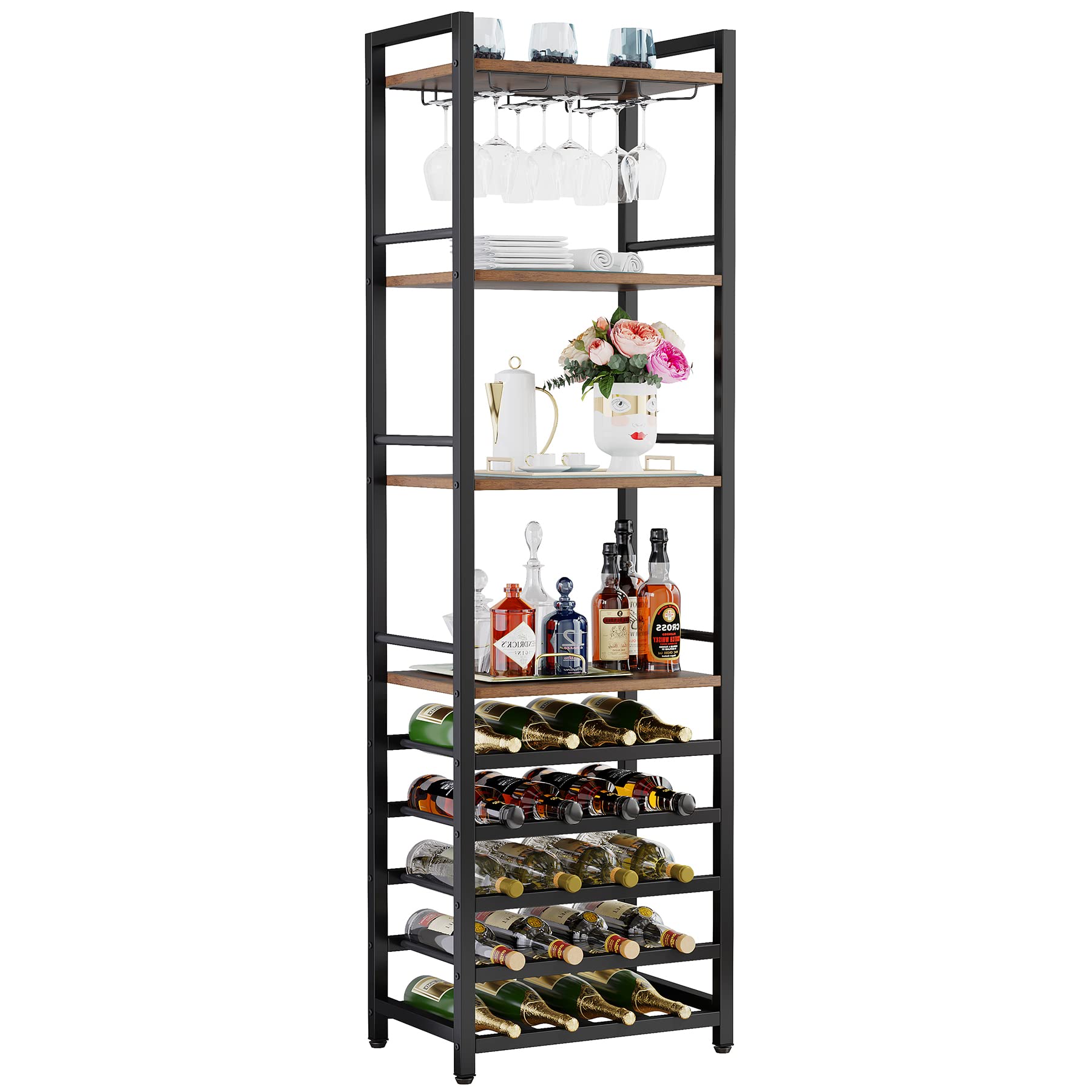 Tribesigns 20 Bottle Wine Bakers Rack, 9 Tier Freestanding Wine Rack with Glass Holder and Storage Shelves, Multi-Function Wine Bar Cabinet Bottle Holder for Kitchen, Dining Room, Rustic Brown