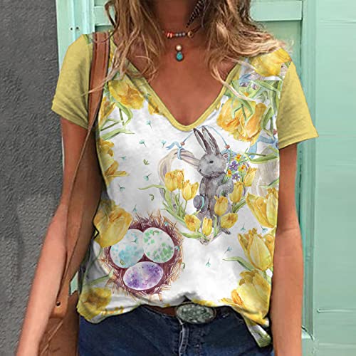 Womens Easter Shirt Loose Short Sleeve Easter Bunny Graphic Tshirts Casual Lucky Cute Animal Print Pullover Tops