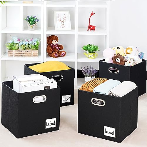 RVSNQ 13x13x13 Storage Cube Bins (Set of 4), Fabric Cubes Storage Bin with Metal Handles and Label, Collapsible Cube Storage Organizer Bins for Home, Office, Closet, Shelves, Nursery(Black)