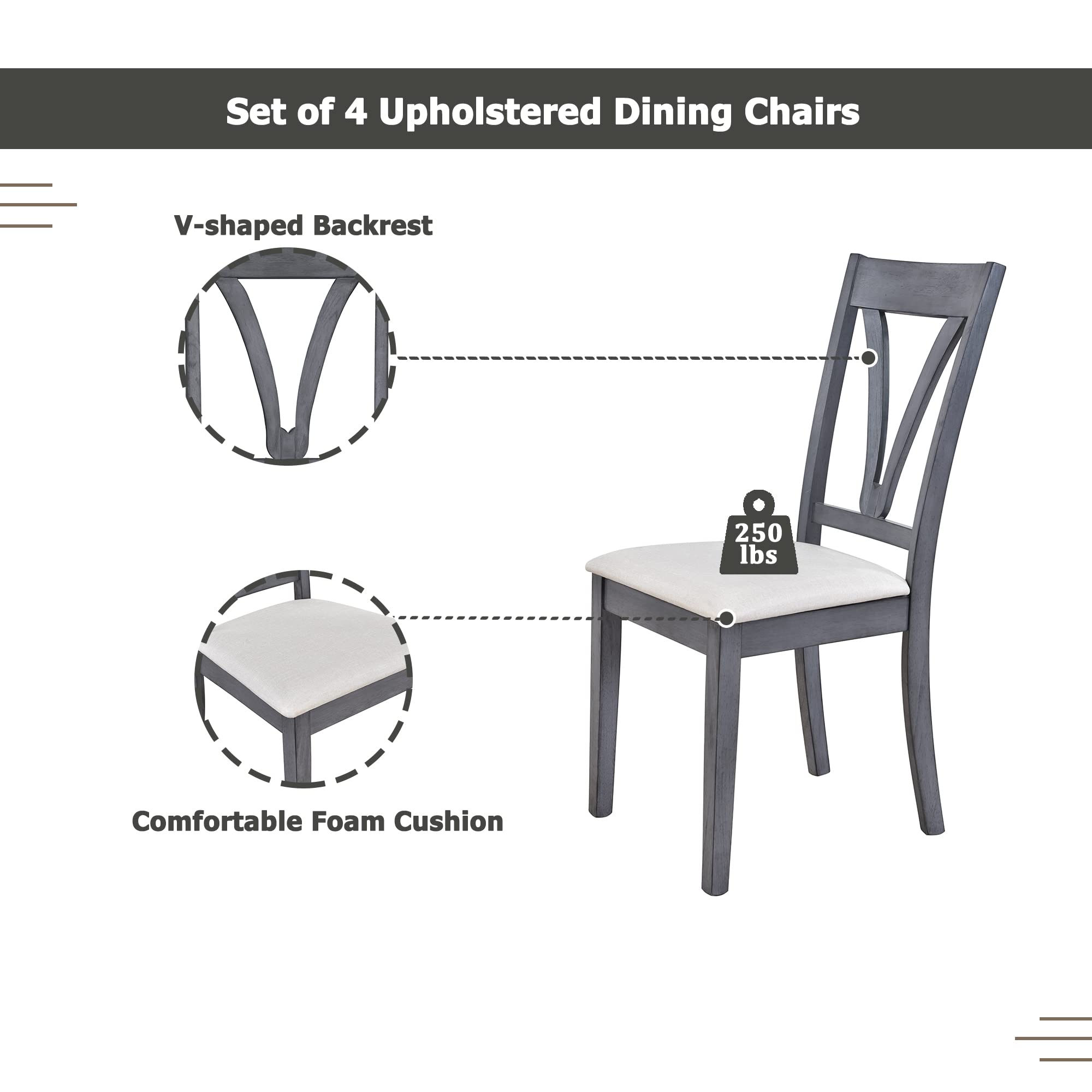 Prohon 5-Piece V-Shaped High Backrest Upholstered Chair for 4, Mid-Century Dinner Furniture w/Strong Rubber Wood Legs for Small Space, Kitchen, Apartment, Antique Grey, Dining Table Set for 4