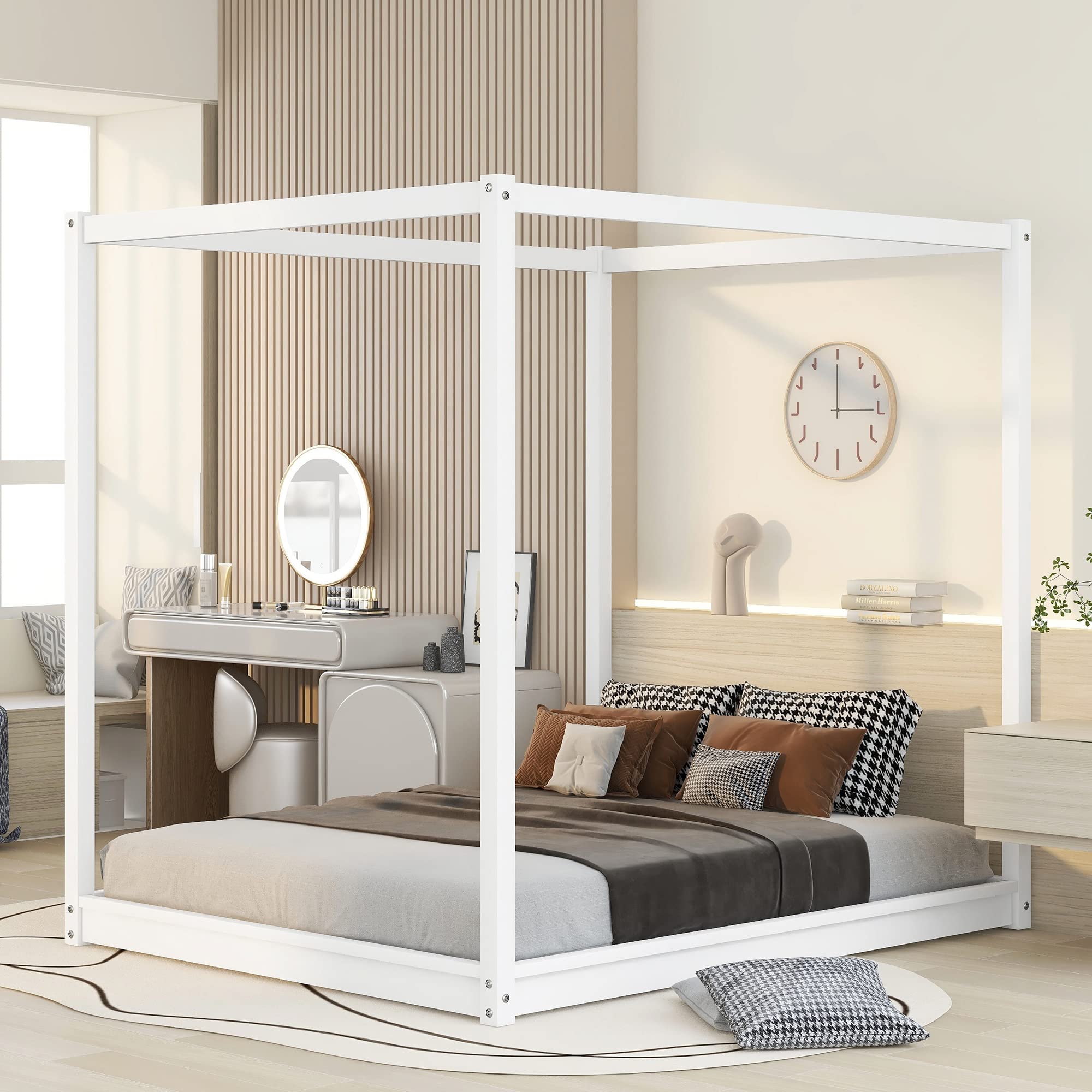 Prohon King Canopy Bed without Headboard, Montessori Floor Bed Wooden Canopy Bed Frame, King Size Platform Bed for Kids, Teen, Adults, No Box Spring Needed, Easy to Install, White
