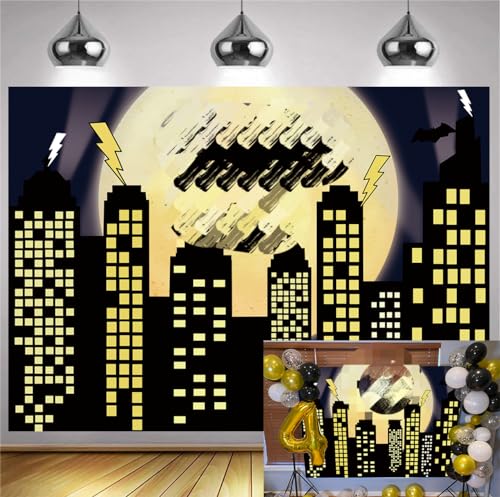 Superhero Super City Photography Backdrop Yellow Full Moon Skyline Cityscape Photo Background Newborn Baby Shower Kids Birthday Party Cake Table Decoration Banner Props (7x5FT)