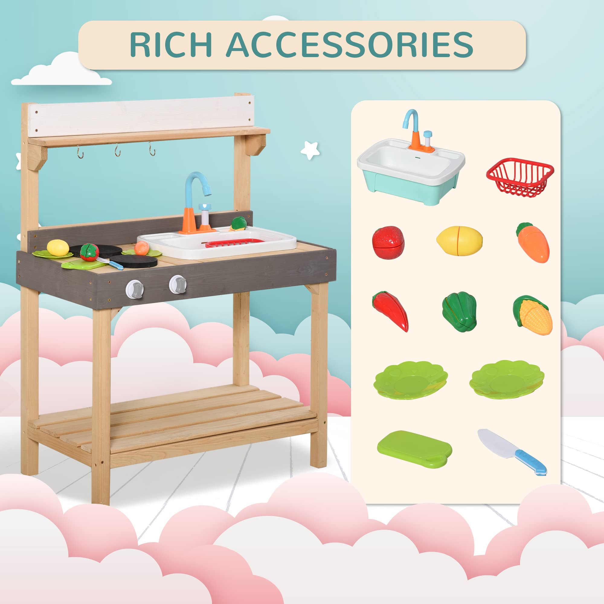 Outsunny Kids Kitchen, Playset Game with Sink, Running Water, Vegetable, Dish for 3-7 Years Old