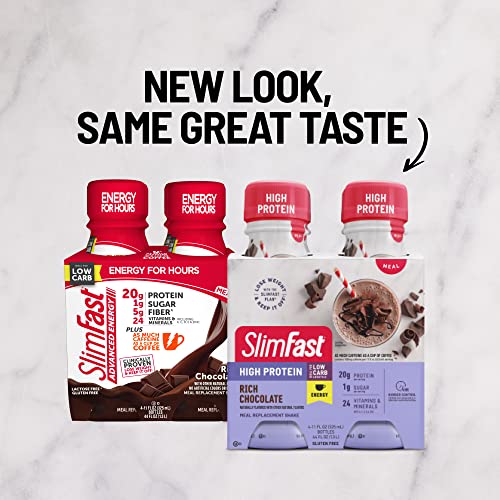 SlimFast Advanced Energy High Protein Meal Replacement Shake, Rich Chocolate, 20g of Ready to Drink Protein with Caffeine, 11 Fl. Oz Bottle, 4 Count (Pack of 3) (Packaging May Vary)