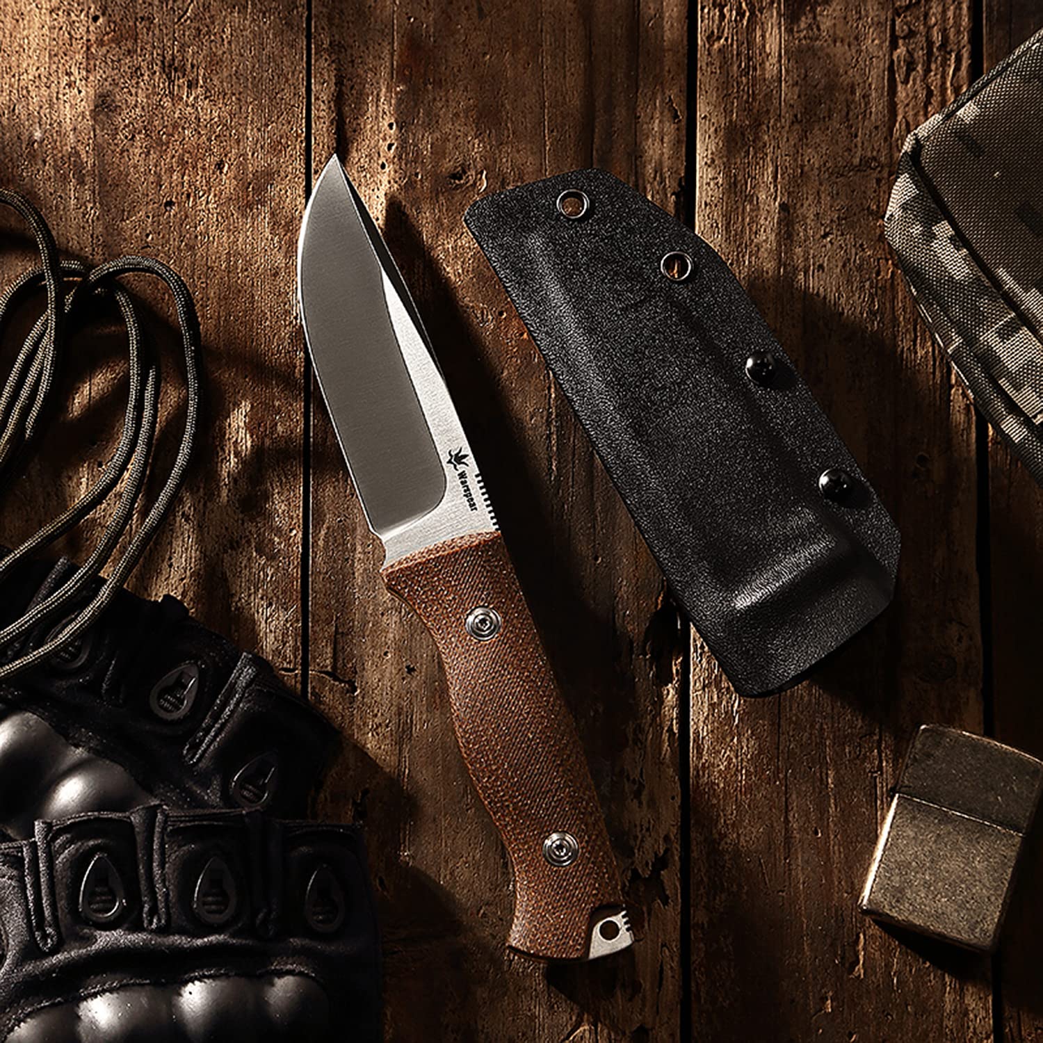 Warspear Fixed Blade Hunting Knife with Kydex Sheath D2 Steel Tactical Knife Outdoor Camping Survival Knife with Micarta Handle