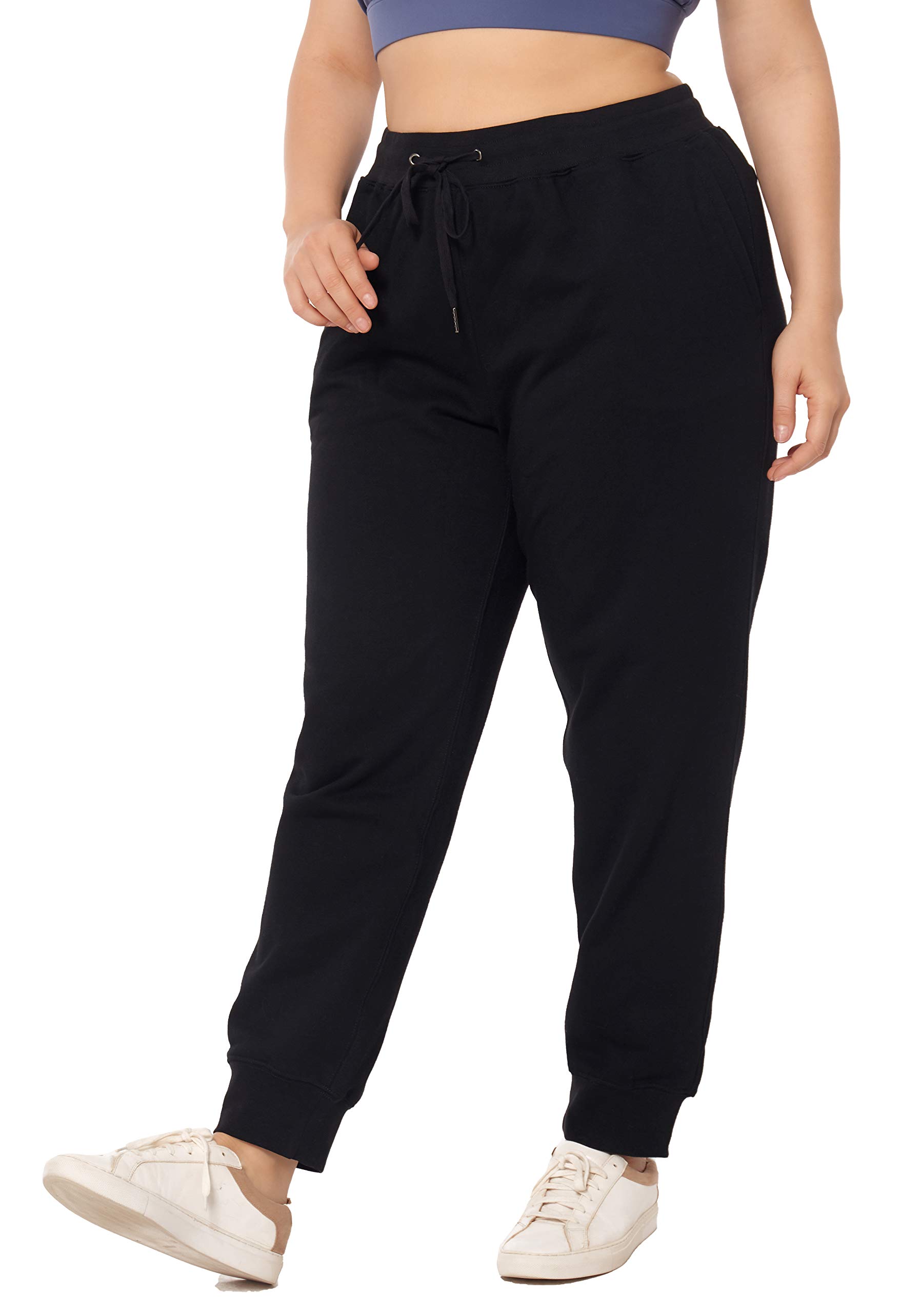 ZERDOCEAN Women's Plus Size Cotton Sweatpants Cozy Joggers Pants Tapered Active Yoga Lounge Casual Pants Drawstring Black 2X