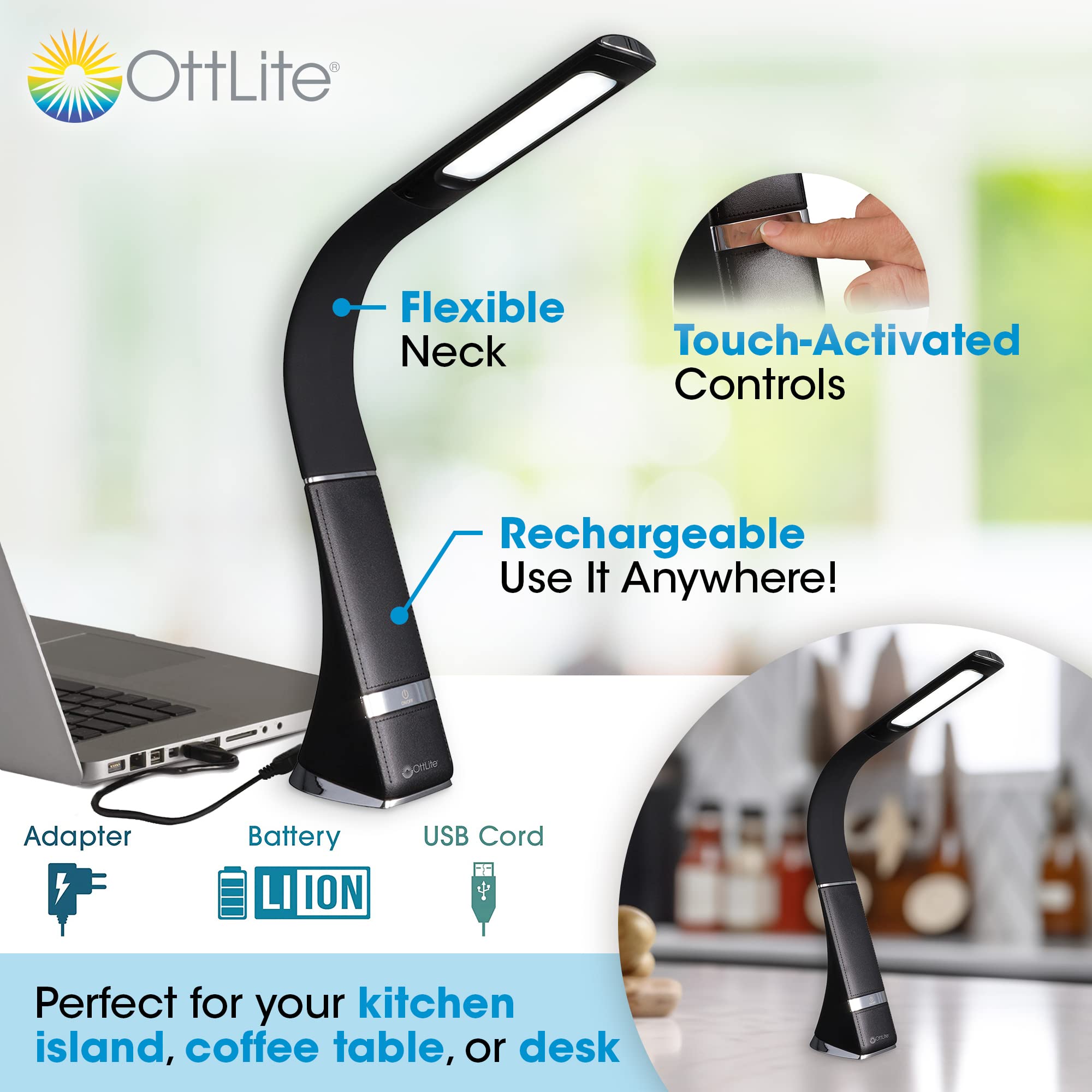 OttLite Recharge LED Desk Lamp with ClearSun LED Technology - Portable, Dimmable & Flexible Gooseneck - Travel-Friendly Task Lamp with Rechargeable Battery - for Home, Reading, Office & College Dorms
