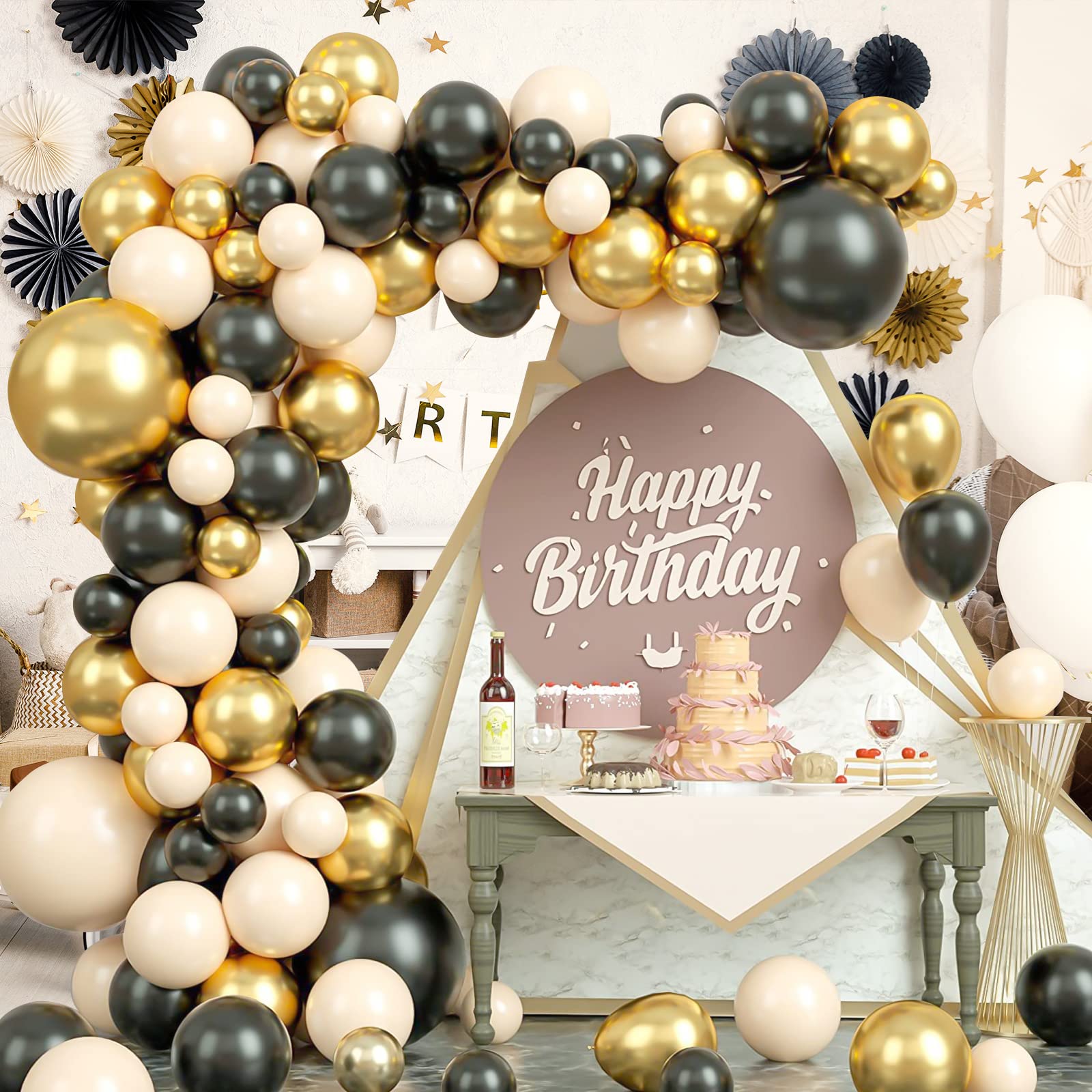 RUBFAC Black Gold Boho Balloon Garland Arch Kit, 142pcs Metallic Gold, Sand White and Black Balloon Arch Kit for Graduation, Birthday and Anniversary Party Decorations