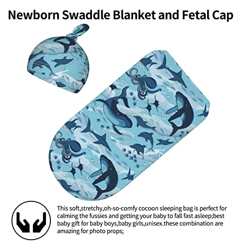Sea Waves Dolphins Sharks Whale Octopus Newborn Swaddle Blankets Baby Wrap Blanket Soft with Beanie Hat Sets Gifts for Infant Boy Girl