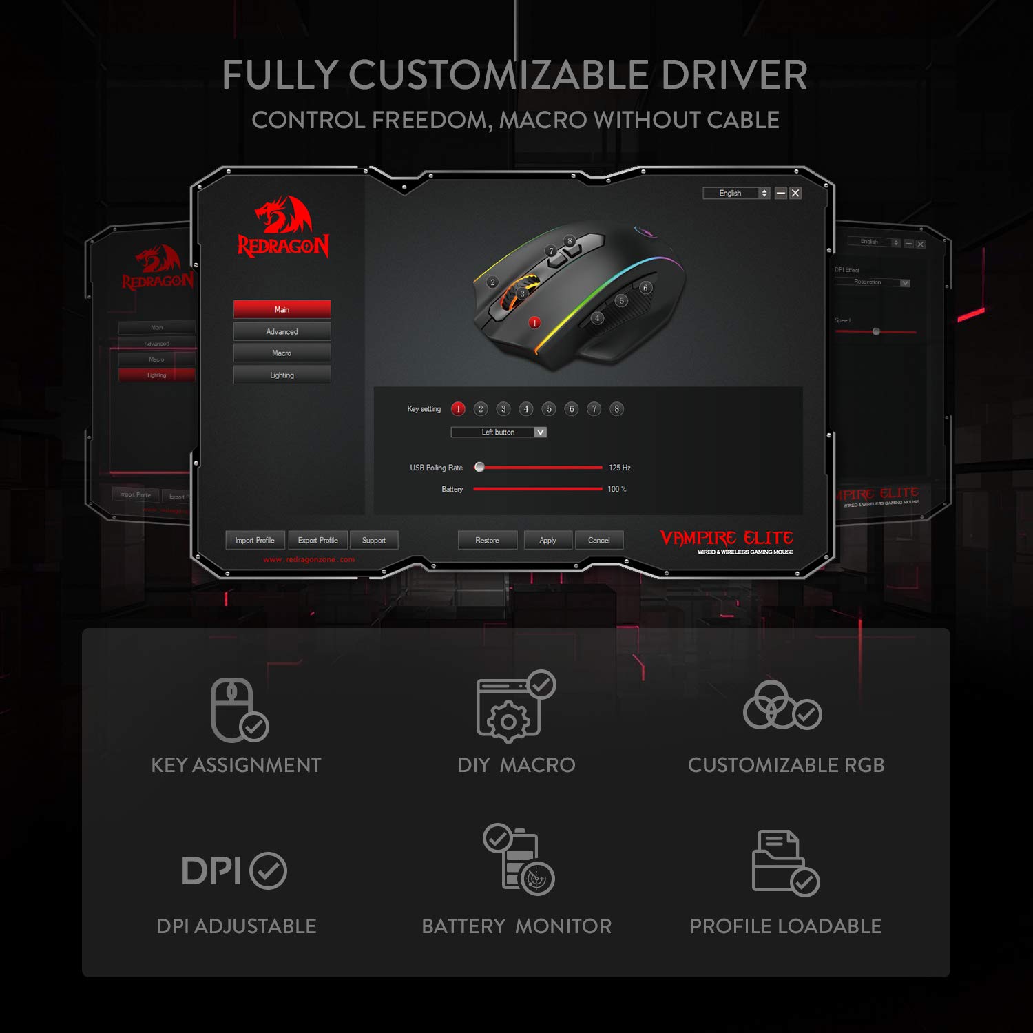 Redragon M686 Wireless Gaming Mouse, 16000 DPI Wired/Wireless Gamer Mouse with Professional Sensor, 45-Hour Durable Power Capacity, Customizable Macro and RGB Backlight for PC/Mac/Laptop