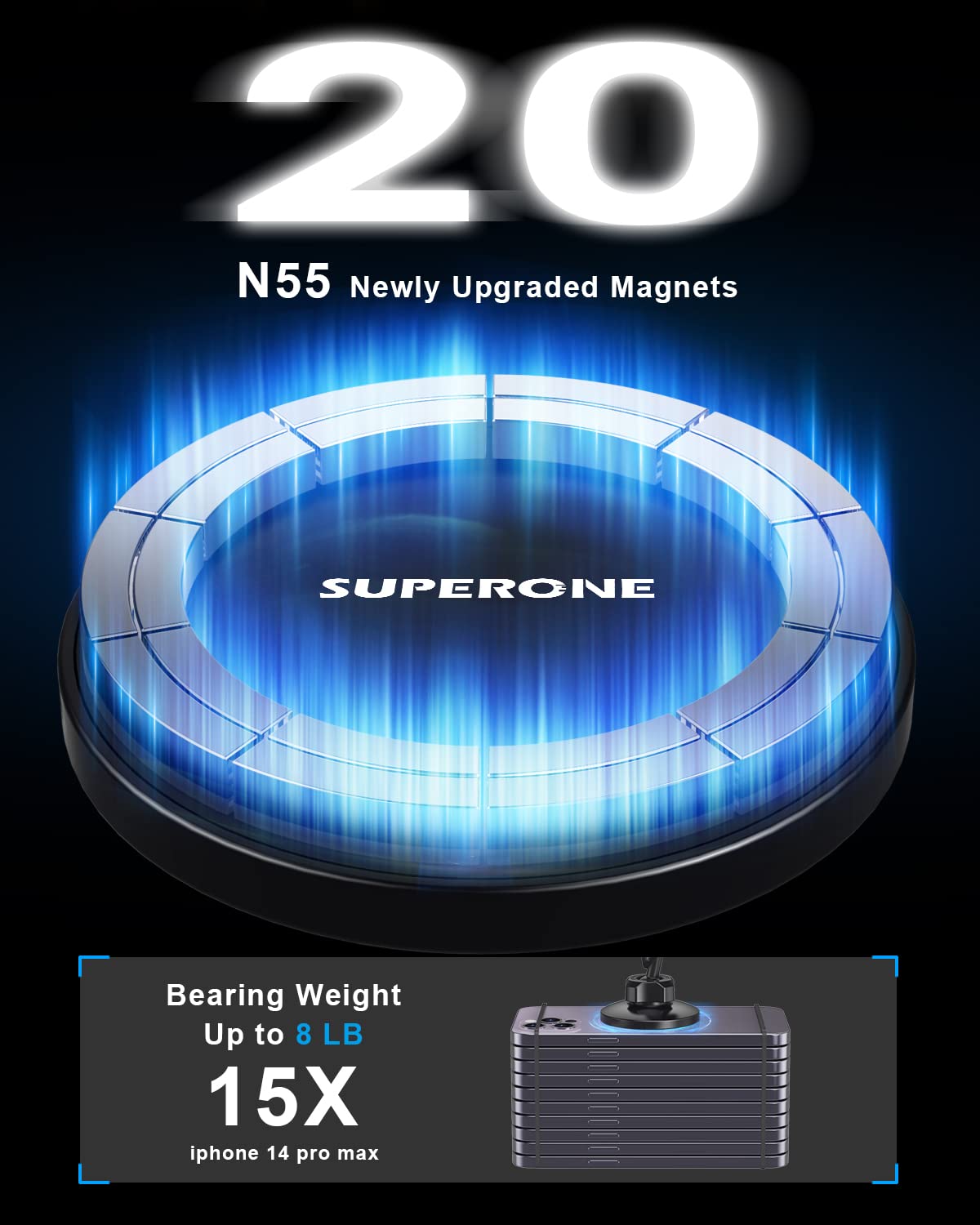 SUPERONE for MagSafe Car Mount, Strong [Never Drop] Magnetic Phone Holder for Car Dash, HandsFree 360° Rotation Phone Mount [Strongest 3M Adhesive] for iPhone 15 14 13 12 & MagSafe Case - Black
