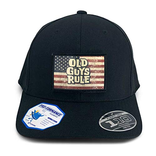 OLD GUYS RULE Tactical Hat + US Flag Patch Set by Pull Patch | Flexfit 110 Pro-Formance Baseball Cap | Curved Bill, Adjustable Hook & Loop Closure, Moisture Wicking, 6 Panel | Black