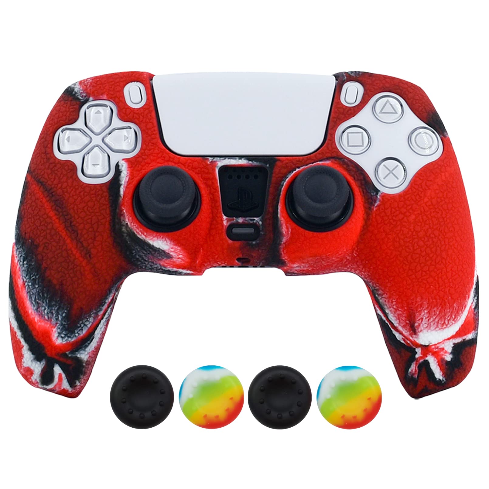 PS5 Controller Grip,Hikfly Silicone Skin for Sony PlayStation5 Controller Grip Cover Protector Faceplates Kits Video Games(1x CamoRed cover with 4 x Thumb Grips Caps)