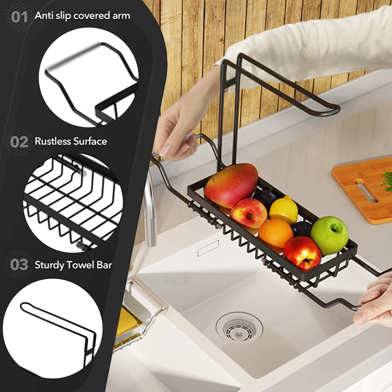 Telescopic Sink Storage Rack, Expandable Sponge Holder for Kitchen Sink, Sink Caddy Organizer with Dishcloth Towel Holder,Over Sink Telescopic Sink Rack Sponge Brush Soap Holder for Home Kitchen