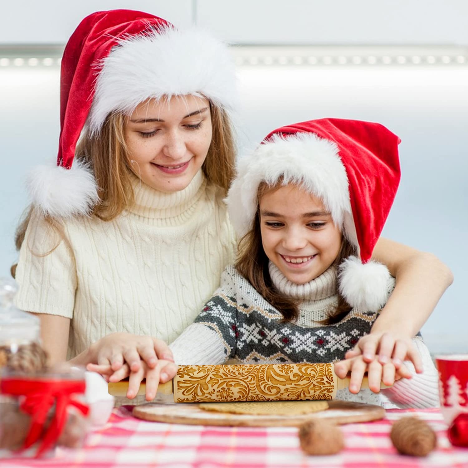 Wooden Engraved Rolling Pin with Christmas Snowflake Designs - For Baking Cookies and Decor