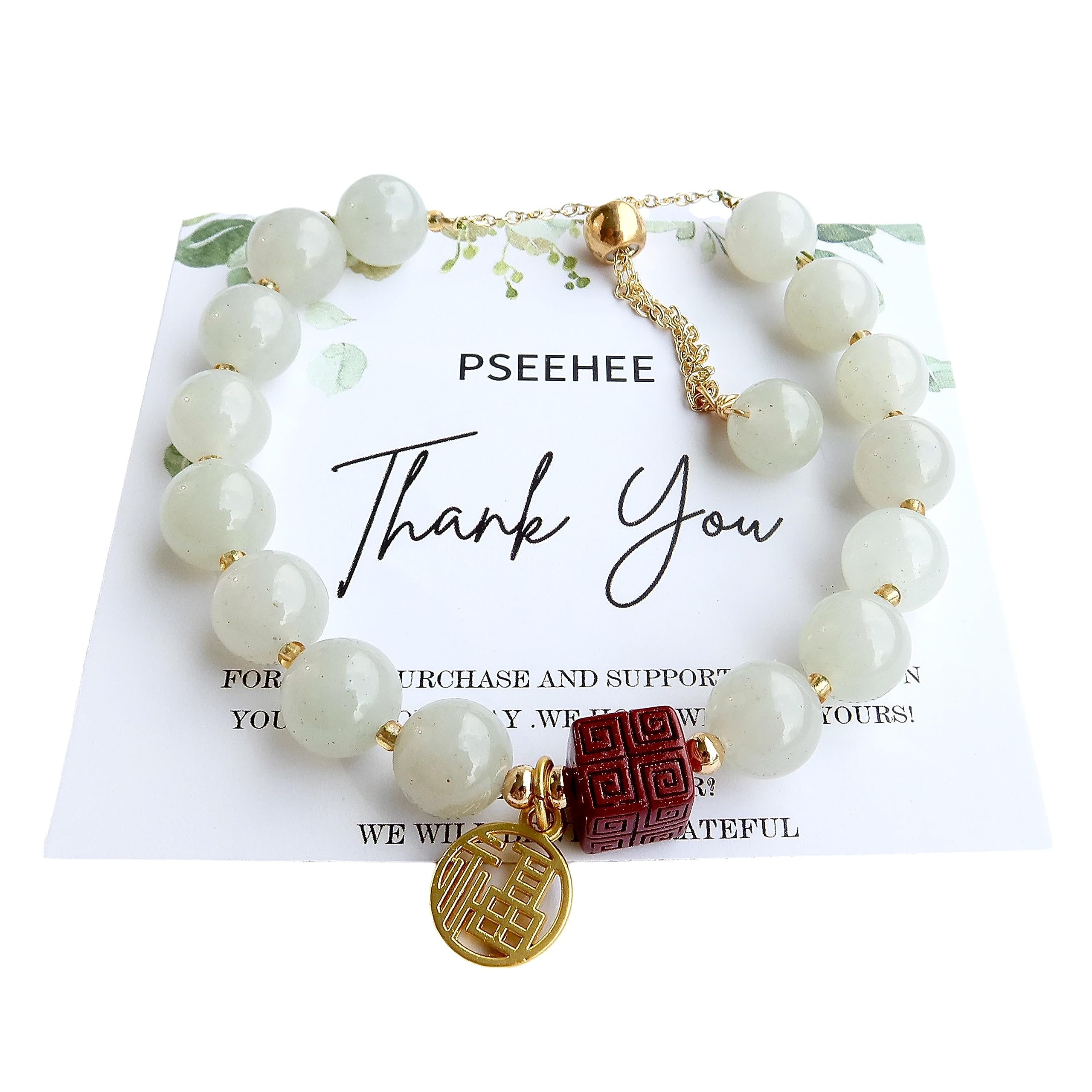 PSEEHEE Handmade Genuine Jade Lucky Fu Charm Bracelet, Feng-shui Stone Chakra Healing Gemstone Crystal Beads Adjustable Bangle Cuff Jewelry Gift for Men Women