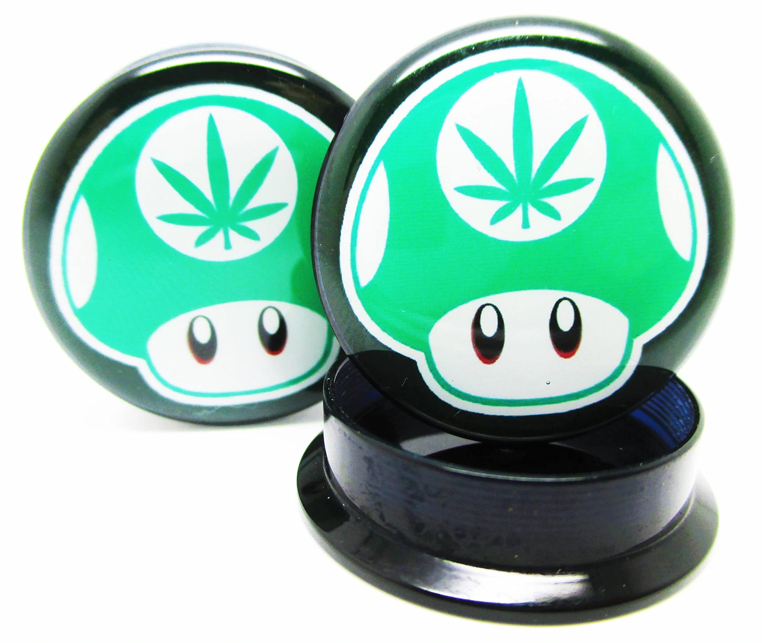 Pierced Republic Green 1-Up Mushroom Pot Leaf Ear Plugs - Acrylic Screw-On - 10 Sizes - *Pair* (00 Gauge (10mm))