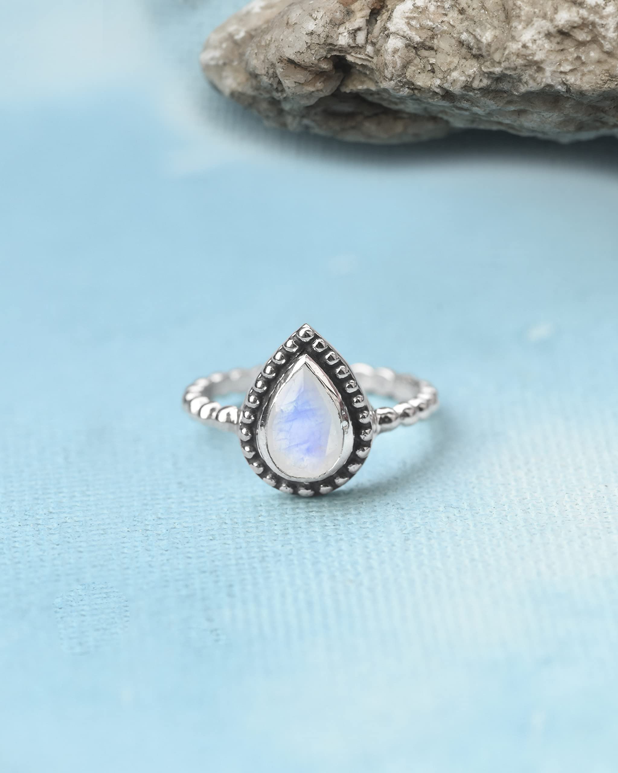 YoTreasure 6x9 MM Pear Natural Moonstone Solitaire Ring .925 Sterling Silver Jewelry