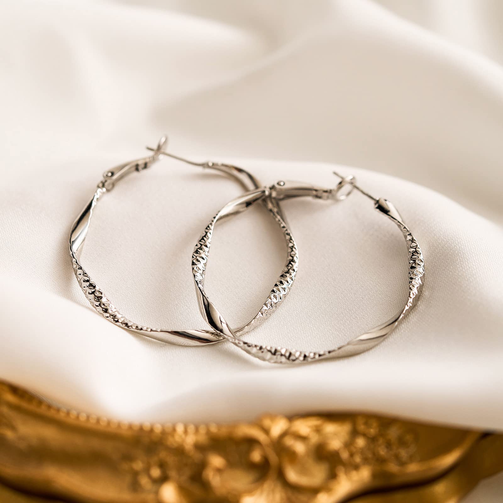 SWEETV Silver Hoop earrings for Women 40mm Big Hoop Earrings 925 Sterling Silver Post Twisted Endless Hoops