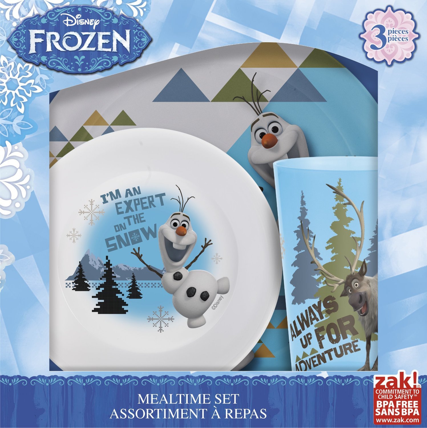 Zak! Designs Mealtime Set with Plate, Bowl and Tumbler featuring Olaf & Sven from Frozen, Break-resistant and BPA-free plastic, 3 Piece Set