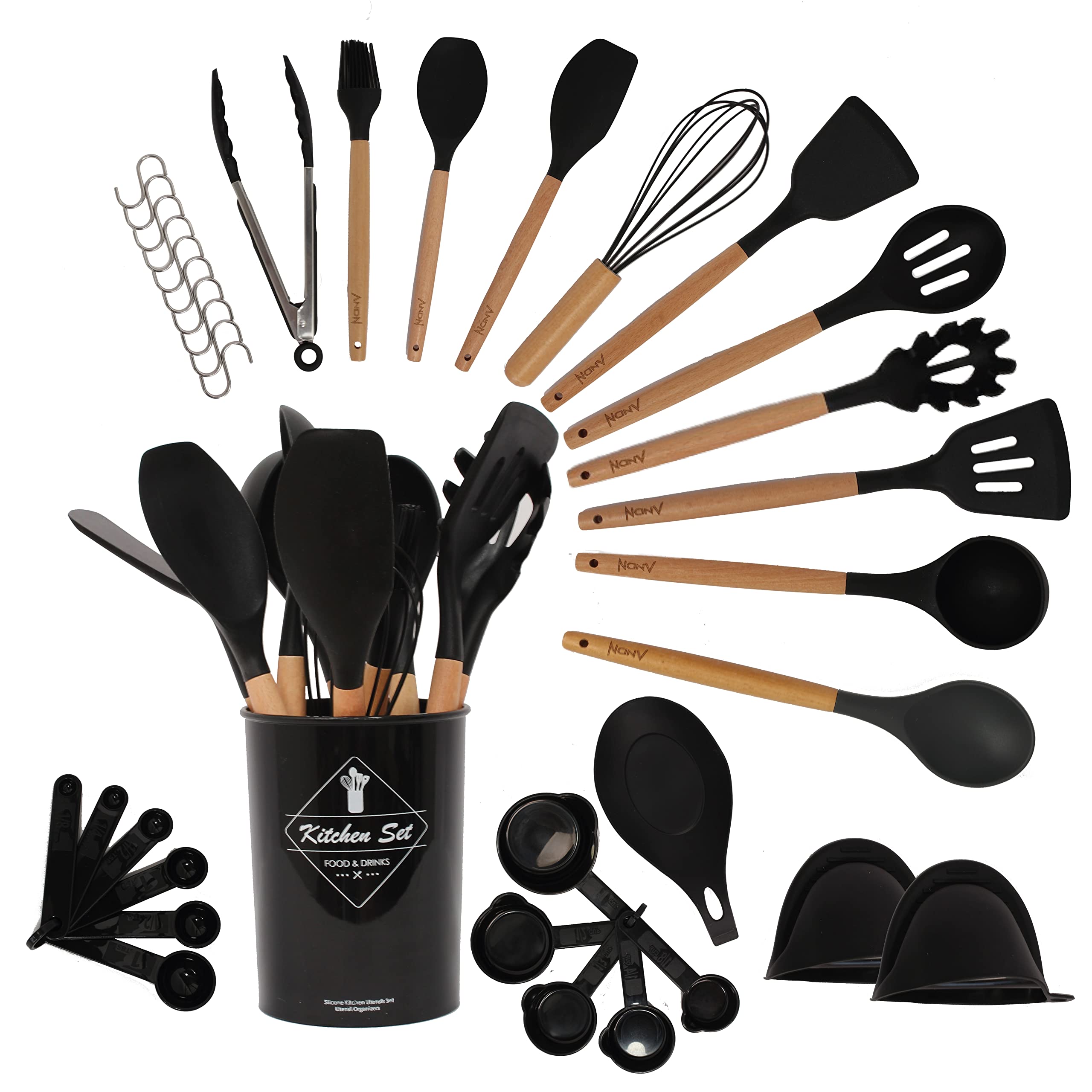 Premium 35-Piece Food Grade Silicone Kitchen Utensils Set | Nonstick Cooking Tools with Free Silicone Handles | Stylish Black Cookware Collection | BPA Free- Black