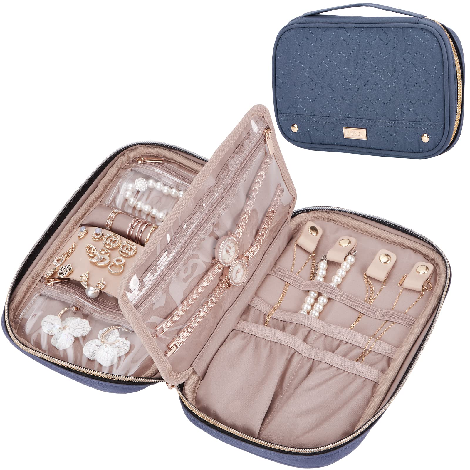 NISHEL Travel Jewelry Case, Travel Organizer for Necklaces, Earrings, Rings, Bracelets, Watch, Aegean-Blue