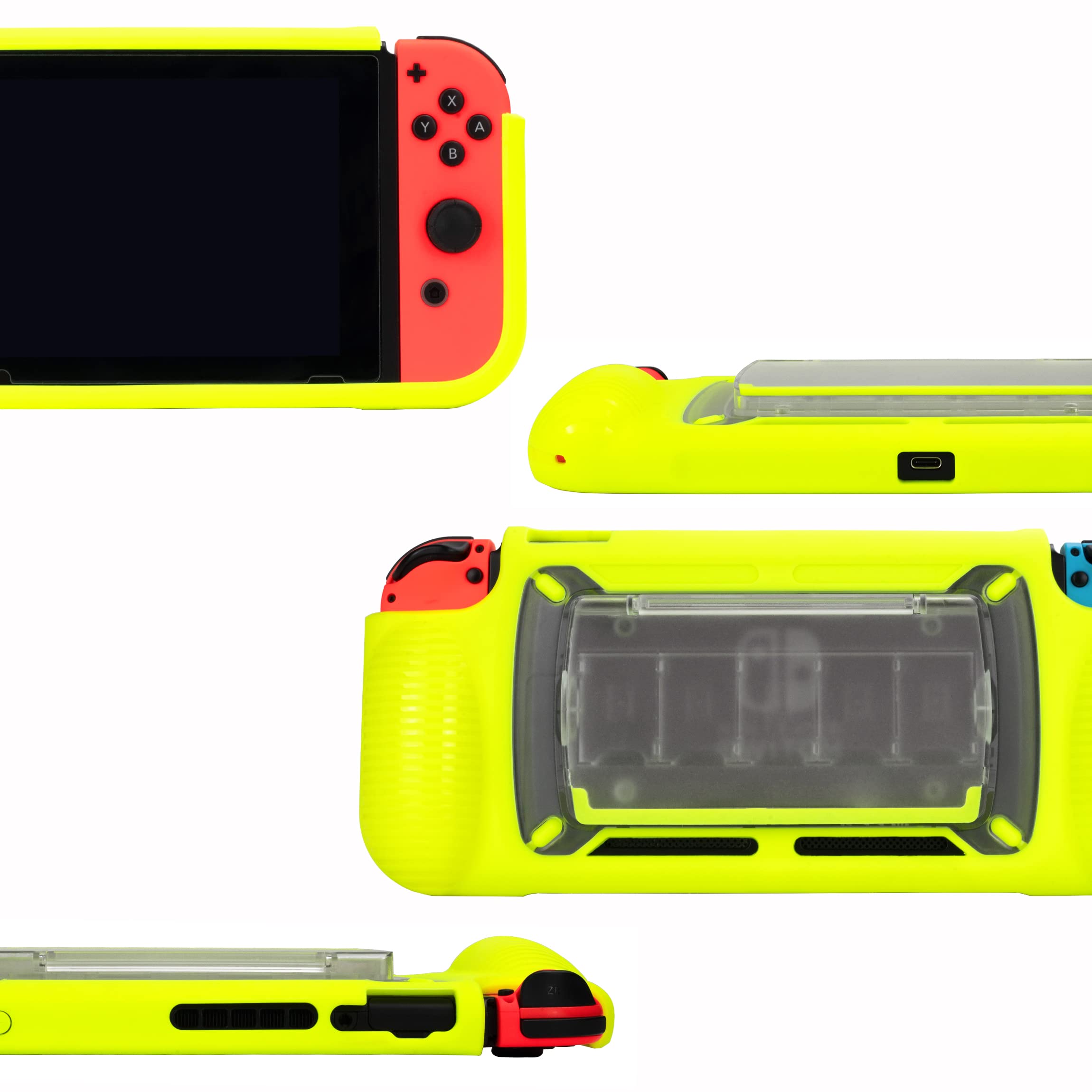 Protective Case for Nintendo Switch, Grip Case with Game Storage, Nintendo Switch with Stand, Nintendo Switch Cover, Neon Yellow