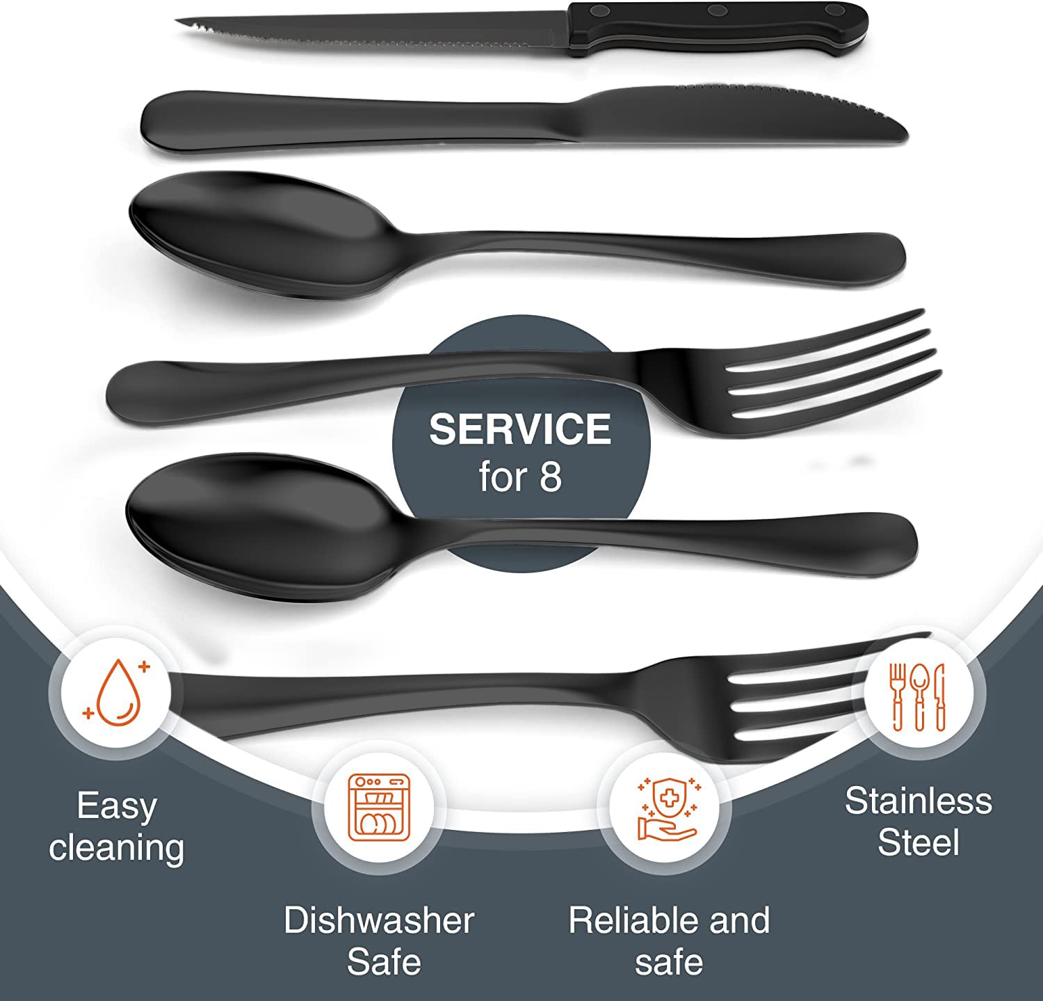 Tribal Cooking 49 Piece Silverware Set - Service for 8 - Stainless Steel Flatware serving set - Cutlery Set - Knives, Fork, and Spoon - Dishwasher Safe - Stunning Polished Finish - Black