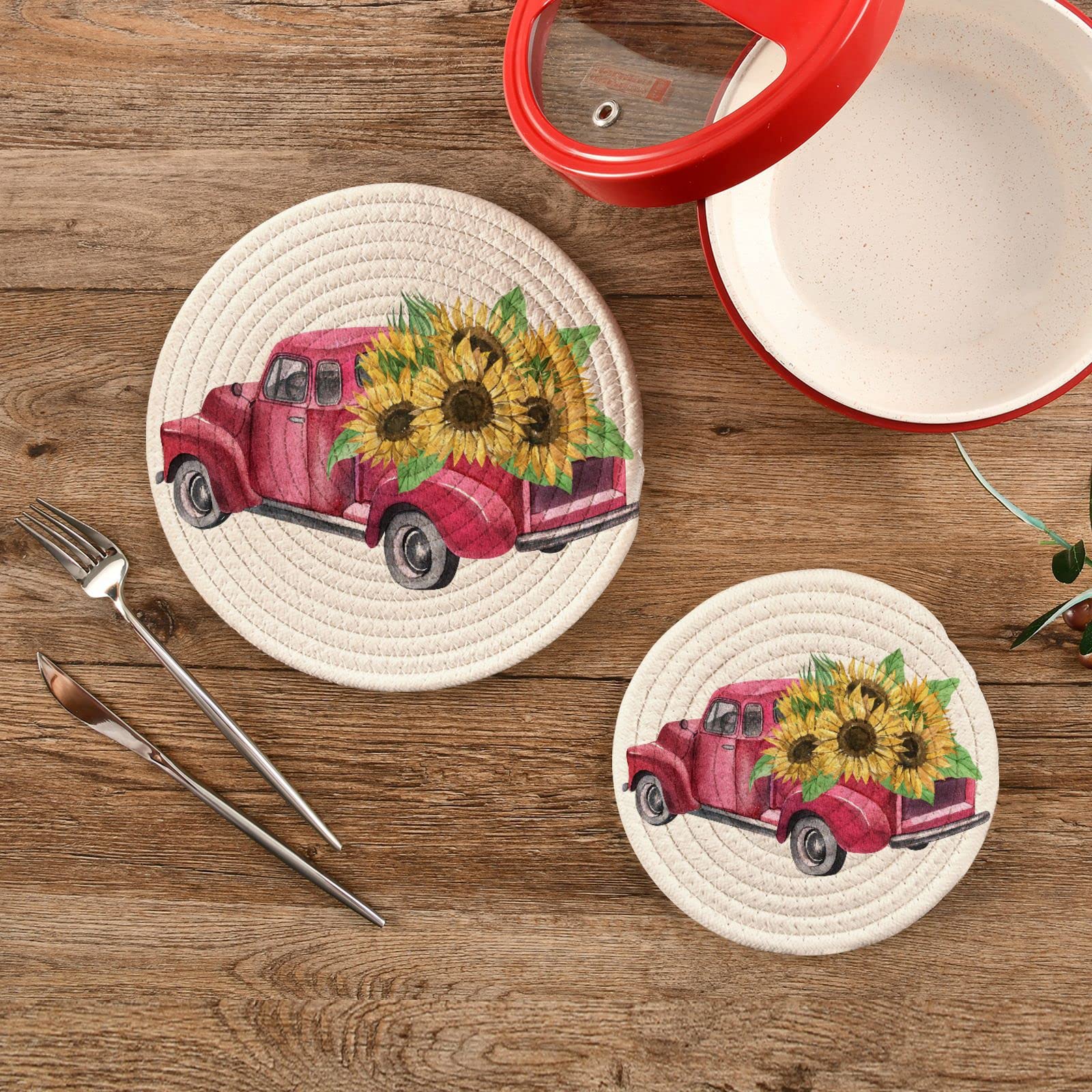 Vintage Sunflowers Kitchen Pot Holders Trivets 2 Pack Watercolor Red Truck Trivet Mats Set 100% Cotton Round Thread Weave Hot Pads Stylish Coasters for Baking Cooking Cups Dinning Counter