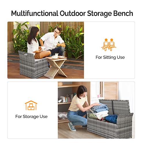 VINGLI 40 Gallon Outdoor Storage Bench with Cushion, Rattan Storage Box, Patio Wicker Deck Box with Seat for Garden | Balcony | Porch | Pool | Yard (Grey Frame + Light Grey Cushion)
