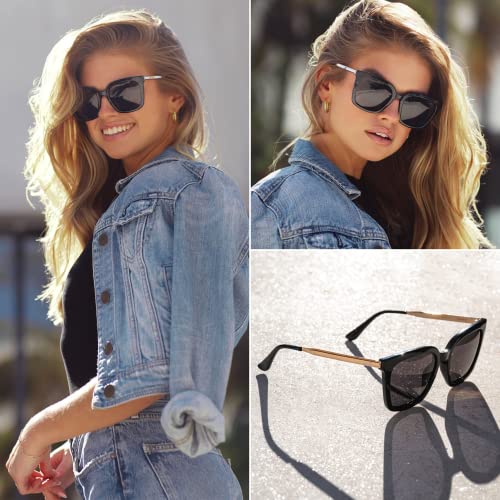 WearMe Pro WMP Eyewear - Square Oversized Metal Frame Fashion Style Women Polarized Sunglasses (Black/Black Lens)