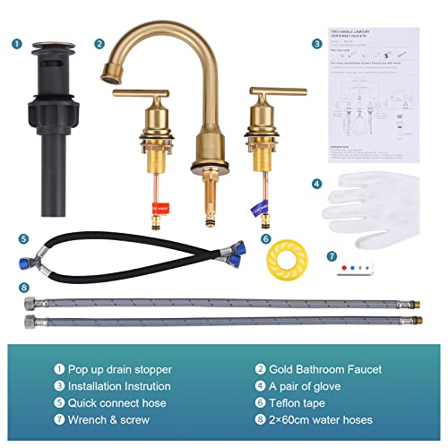 WOWOW Gold Bathroom Faucet 3 Hole Bathroom Sink Faucet Widespread Vanity Faucet 2 Handle Brass Basin Faucet with Pop Up Drain 8 Inch Mixer Tap Antique