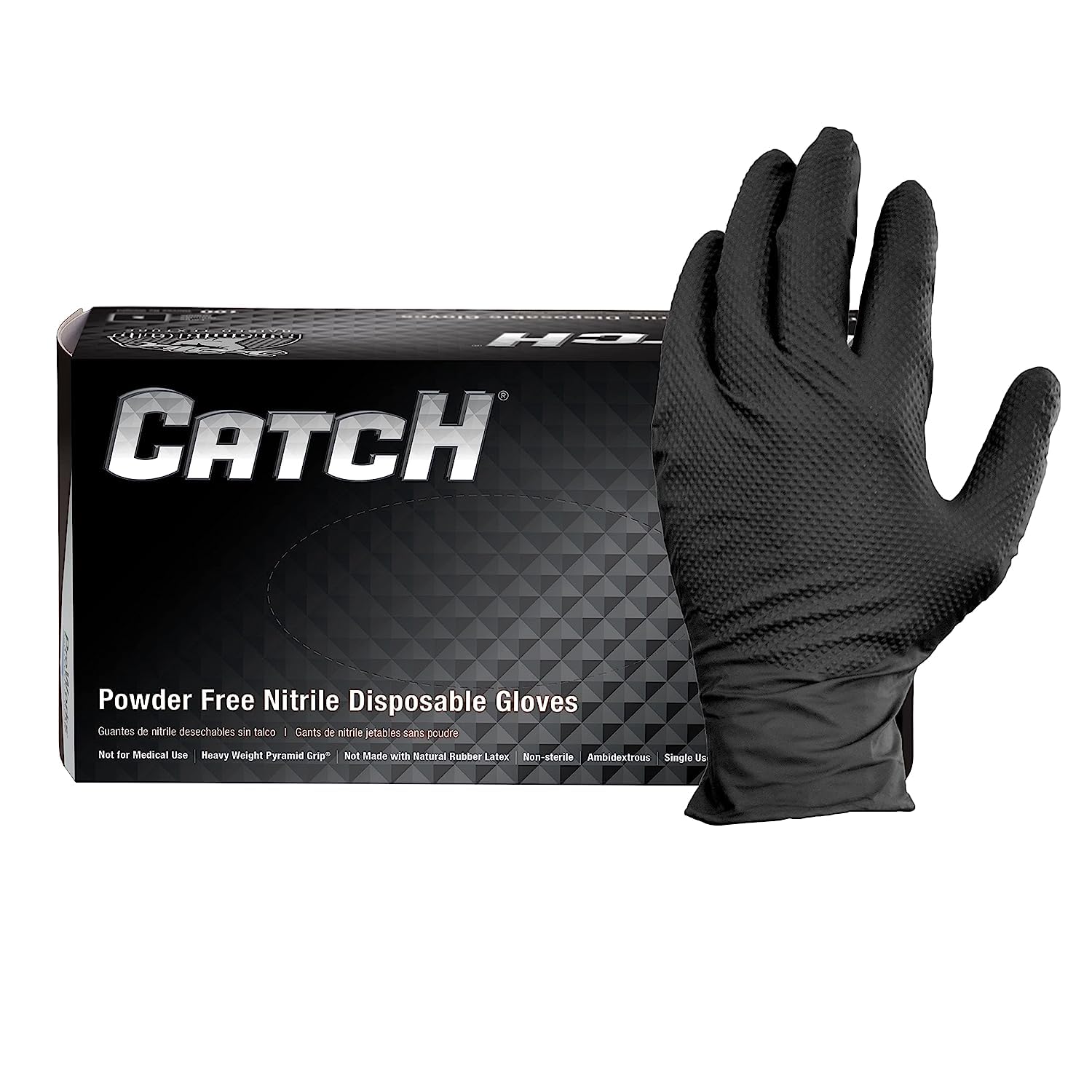 ProWorks Catch Powder Free Nitrile Disposable Gloves - with Pyramid Grip Texture - 9 mil Thick - Size Medium - Black (Pack of 100) GL-NT107BKFM
