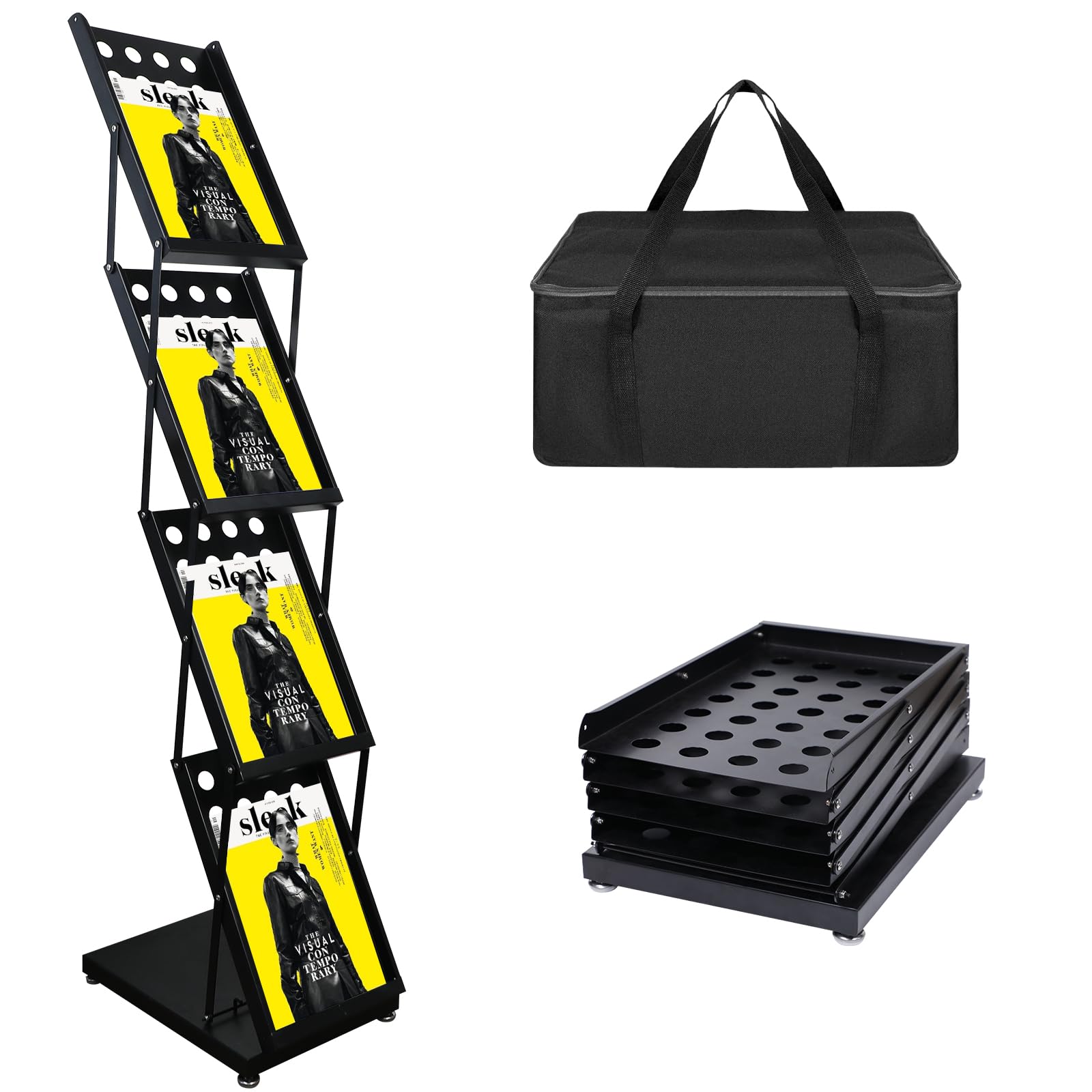 PUJIANG 4 Pockets Folding Magazine Rack,Floor Metal Black Literature Rack with Case Brochure Stand Literature Stand Catalog Holder Stand Flyer Display Stand for Trade Show Exhibition Office Retail