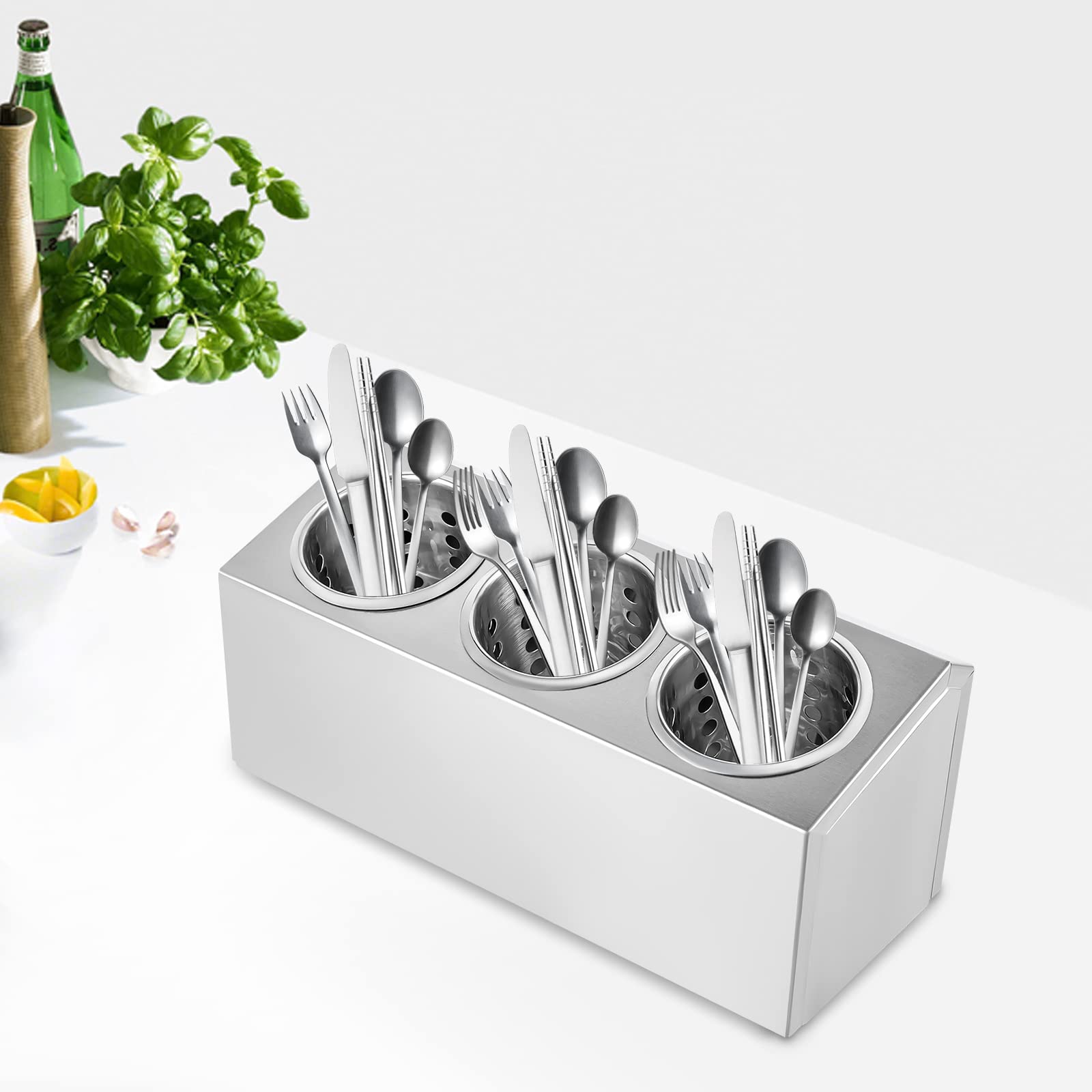 TFCFL Flatware Cylinder Holder,Commercial 3-Hole Stainless Steel Cylinder Flatware Silverware Utensil Holder Organizer Caddy 15.16x6.1x6.3inch,Silver (3-Hole)