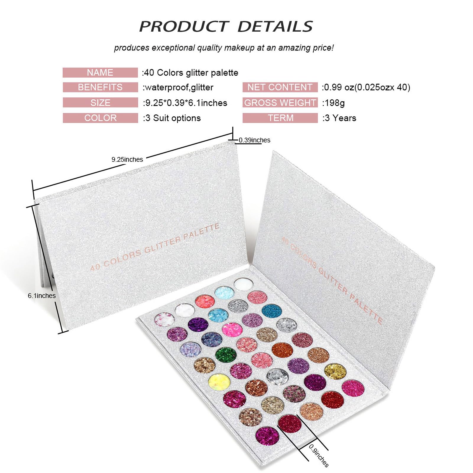 SUMEITANG 40 Colors Pressed Chunky Glitter Eyeshadow Palette, Self Adhesive Glue Gel Glitter Highly Pigmented Colourful Shimmer Glitter Eye Shadow Pallet For Women Girls Long Lasting Sparkle Makeup
