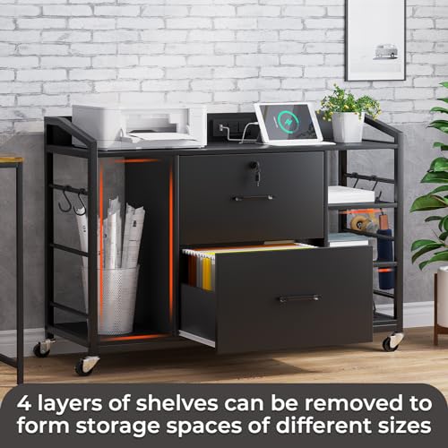 SEDETA 44" File Cabinet, Filing Cabinet fits Legal/Letter Size, 2 Drawer File Cabinets for Home Office with Lock, Power Strip, 6 Storage Shelves, Rustic Brown