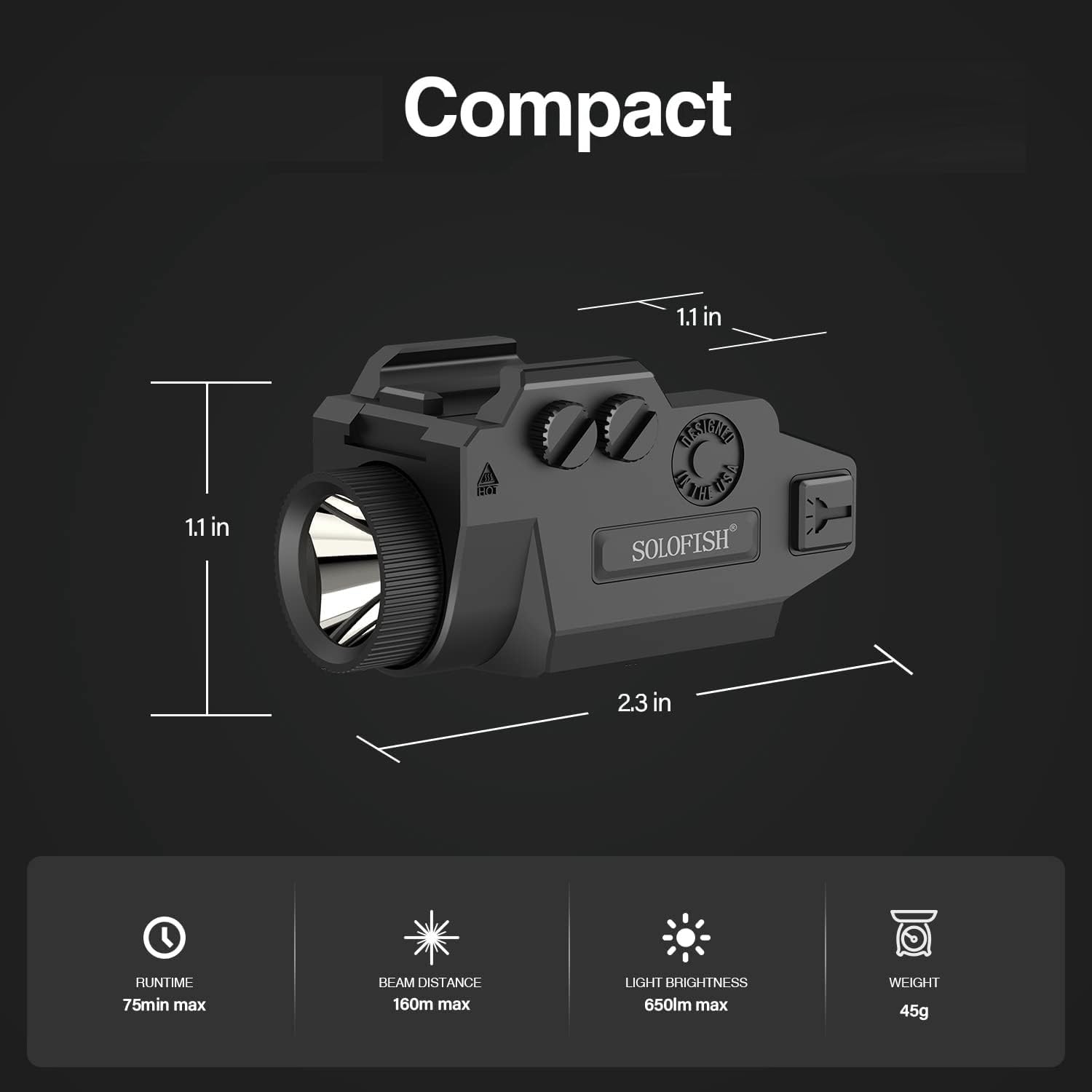 Solofish 650 Lumens Pistol Light with Strobe & Memory, Slidable Tactical Flashlight, Rail-Mounted Gun Light Compatible with Glock Pistols w/Picatinny, Rechargeable