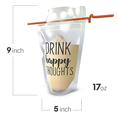 UTILE 50PCS Drink Pouches for Adults with Individually Wrapped Colorful Straws, Reclosable Zipper Smoothie Drink Bags with Multiple Texts – Heavy Duty Hand Held Translucent with Funnel Included