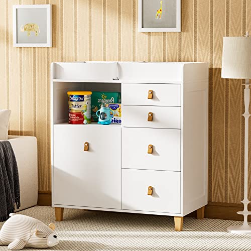 Timechee Baby Changing Table Dresser, 33.5" Baby Nursery Dresser with Drawers & Shelf, Wooden Storage Dresser Chest w/Changing Station for Infant Kids Bedroom, White